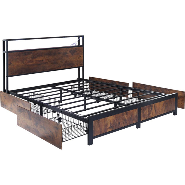 Belluno Industrial Style Industrial Metal Bed Frame with 4 Drawers and