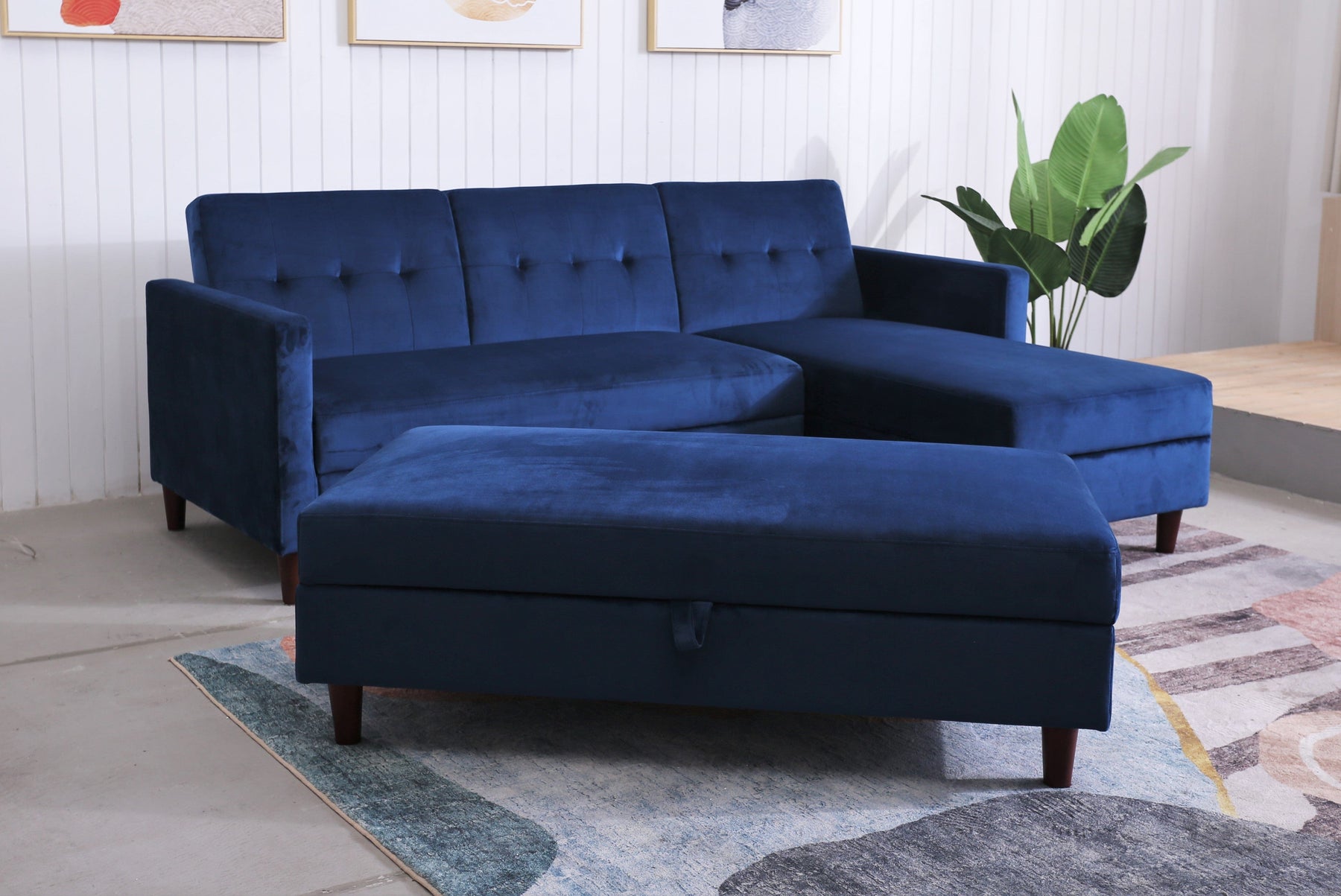 Destin Reversible Blue Corner Sofa With Storage Chaise and Ottoman