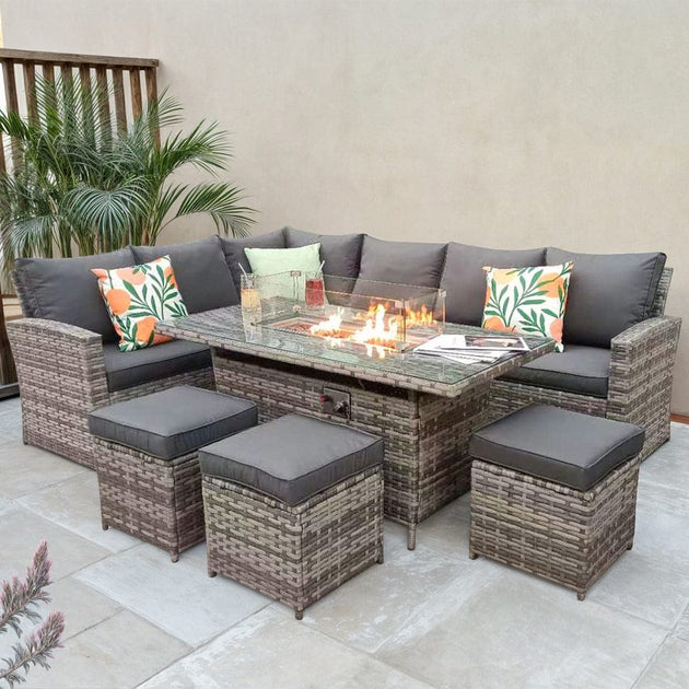 Rosen 9 Seater Fire Pit Rattan Garden Furniture Corner Dining Sofa Set