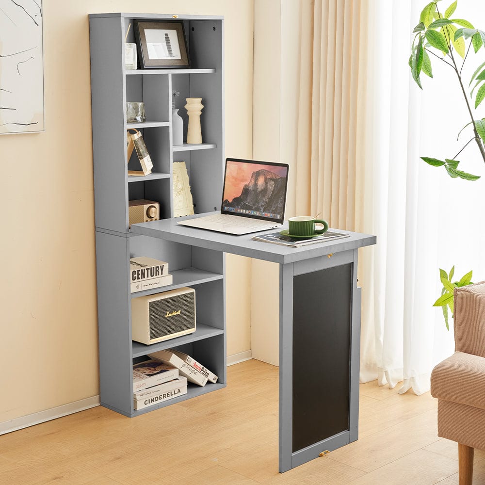 Heritage Foldable Wooden Convertible Office Desk Bookshelf With Blackb