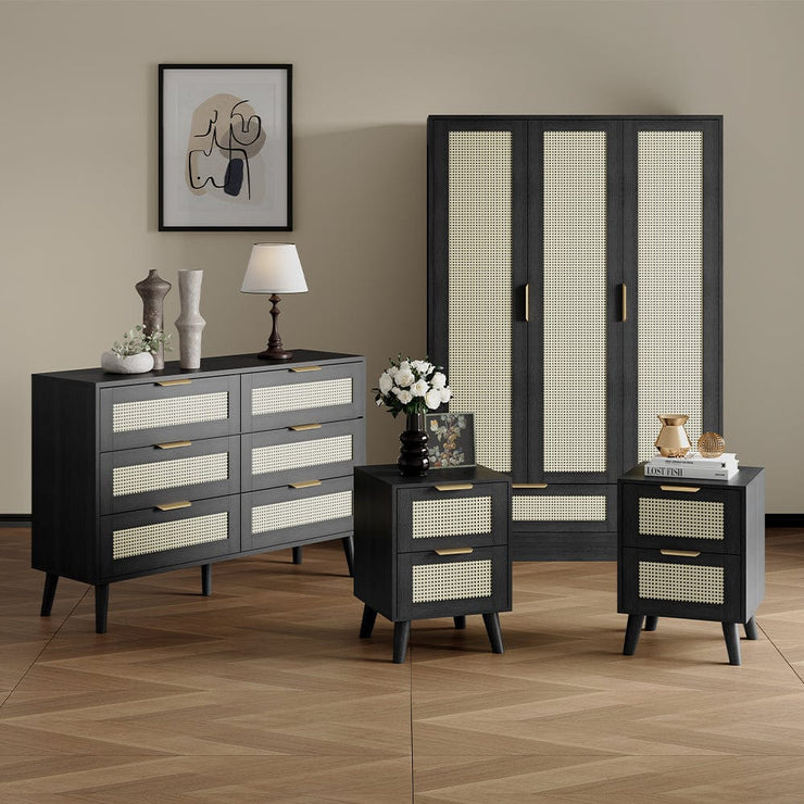 Boho 4 Piece Rattan Bedroom Wardrobe Set With Chest Drawer And Bedside