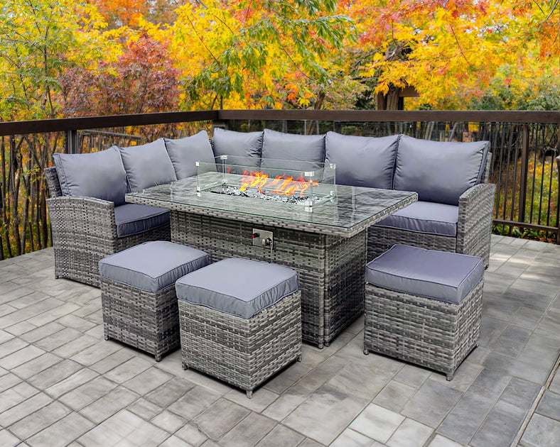 Rosen 9 Seater Fire Pit Rattan Garden Furniture Corner Dining Sofa Set
