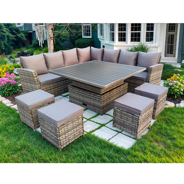 Rosen 11 Seater Rattan Garden Furniture Corner Sofa Cube Set With Alum