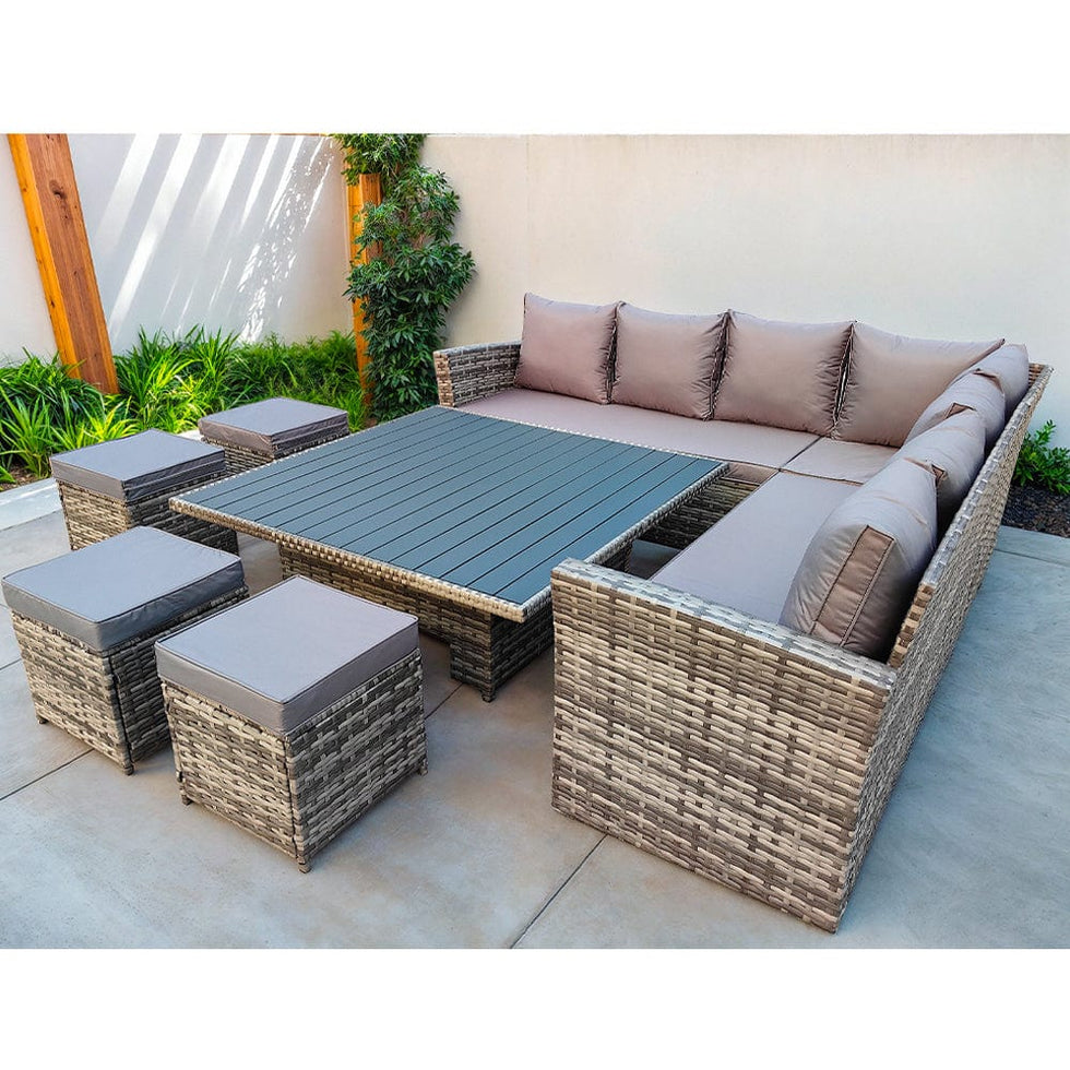 Rosen 11 Seater Rattan Garden Furniture Corner Sofa Cube Set With Alum ...