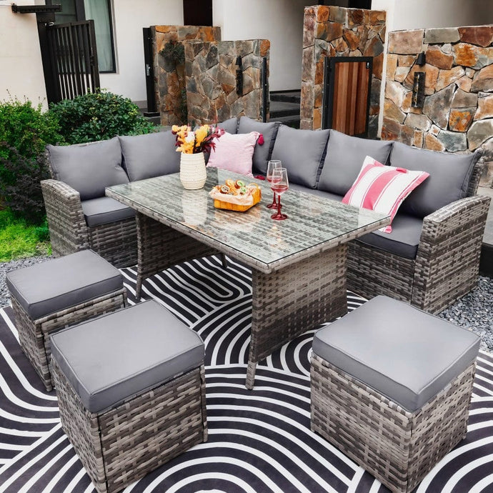 Rosen 9 Seater Rattan Garden Furniture Corner Sofa Dining Set In Grey ...