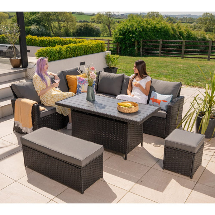 Rosen 9 Seater Rattan Garden Dining Set With Storage Bench And Stool ...