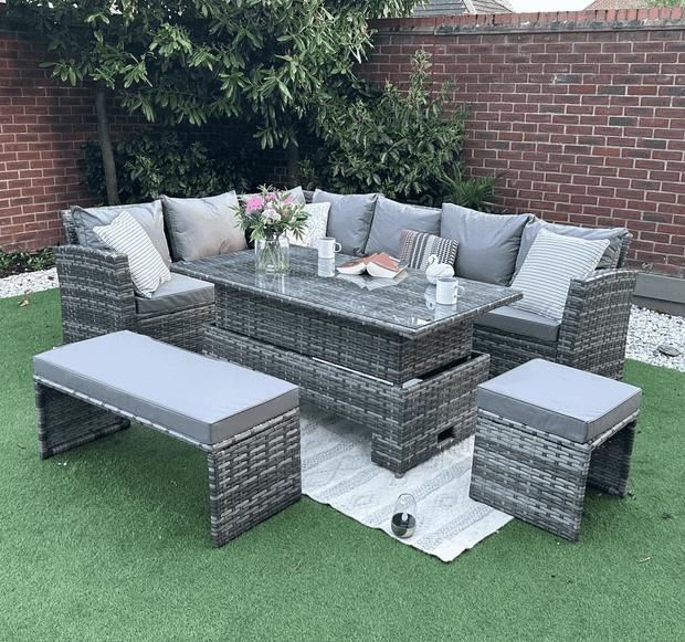 Rosen Rattan Garden Furniture 9 Seater Corner Sofa Rising Table Set Wi ...