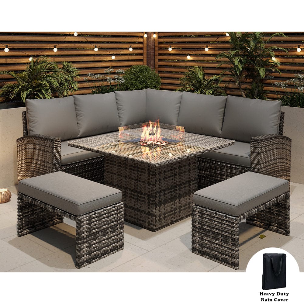 Rosen 9 Seater Fire Pit Rattan Garden Furniture Corner Sofa Cube Set W
