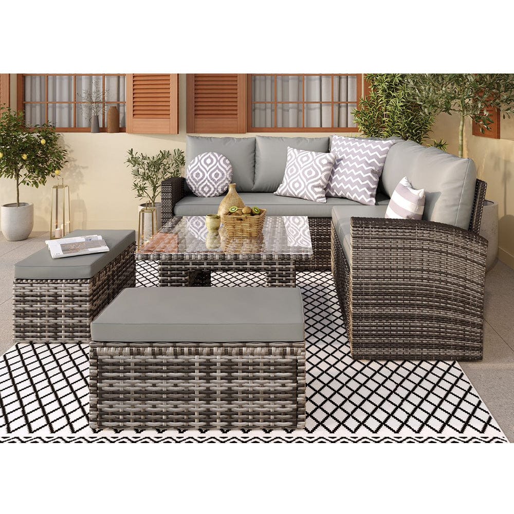 Rosen 9 Seater Rattan Dining Corner Sofa Set with Rising Table In Grey