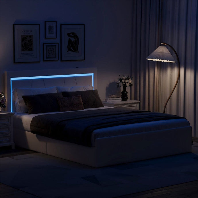 Modern White PU Bed Frame with 4 Drawers Storage and LED Light Head Bo ...