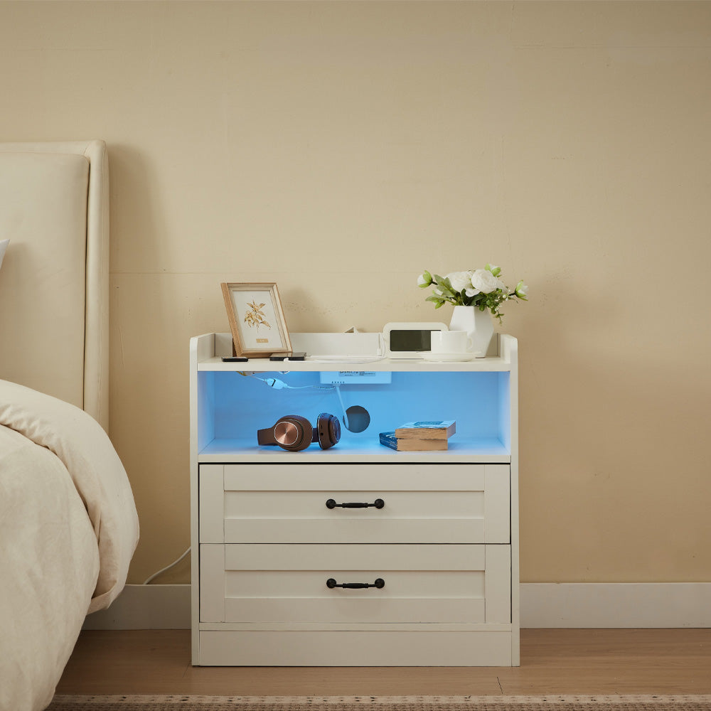 Night Stand Storage Cabinet Bedside Table with Led Lights and Sockets ...