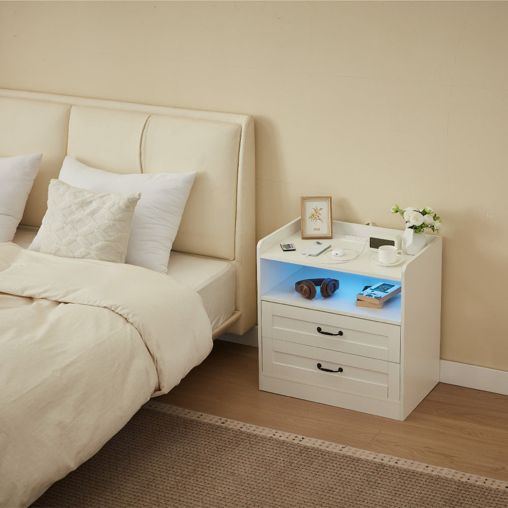 Night Stand Storage Cabinet Bedside Table with Led Lights and Sockets ...