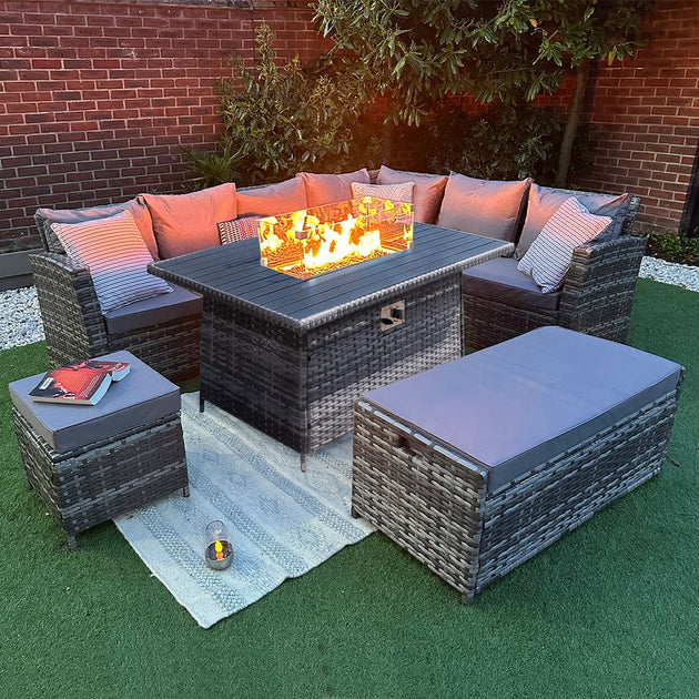 Rosen 9 Seater Rattan Garden Furniture Corner Sofa Set with Fire pit D
