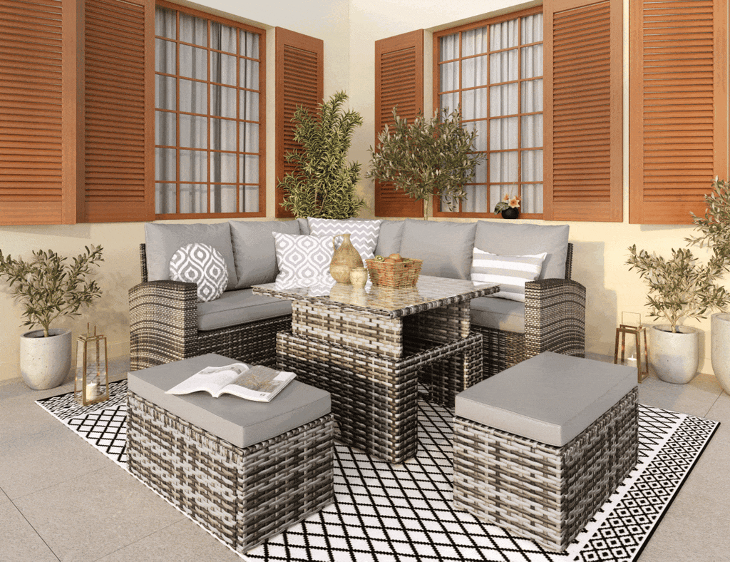 Rosen 9 Seater Rattan Dining Corner Sofa Set with Rising Table In Grey