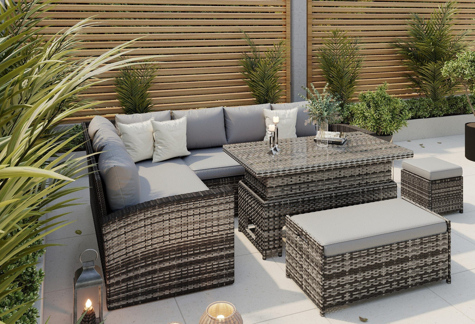 Rosen Rattan Garden Furniture 9 Seater Corner Sofa Rising Table & Stor ...